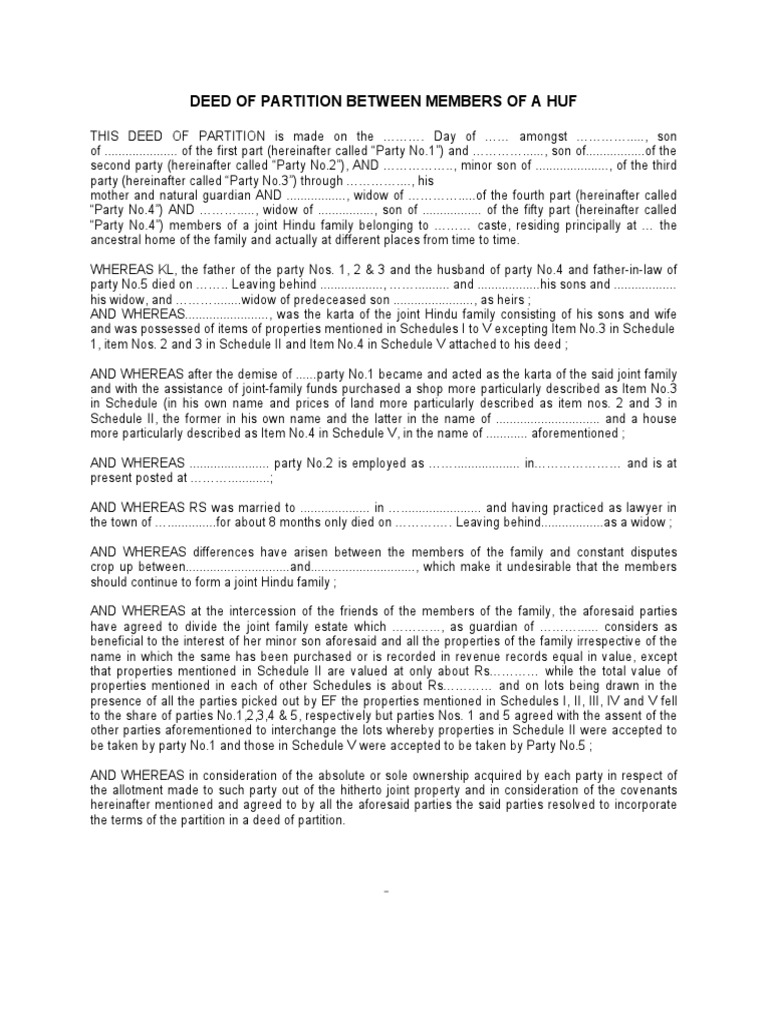 Partition deed for HUF | Deed | Property