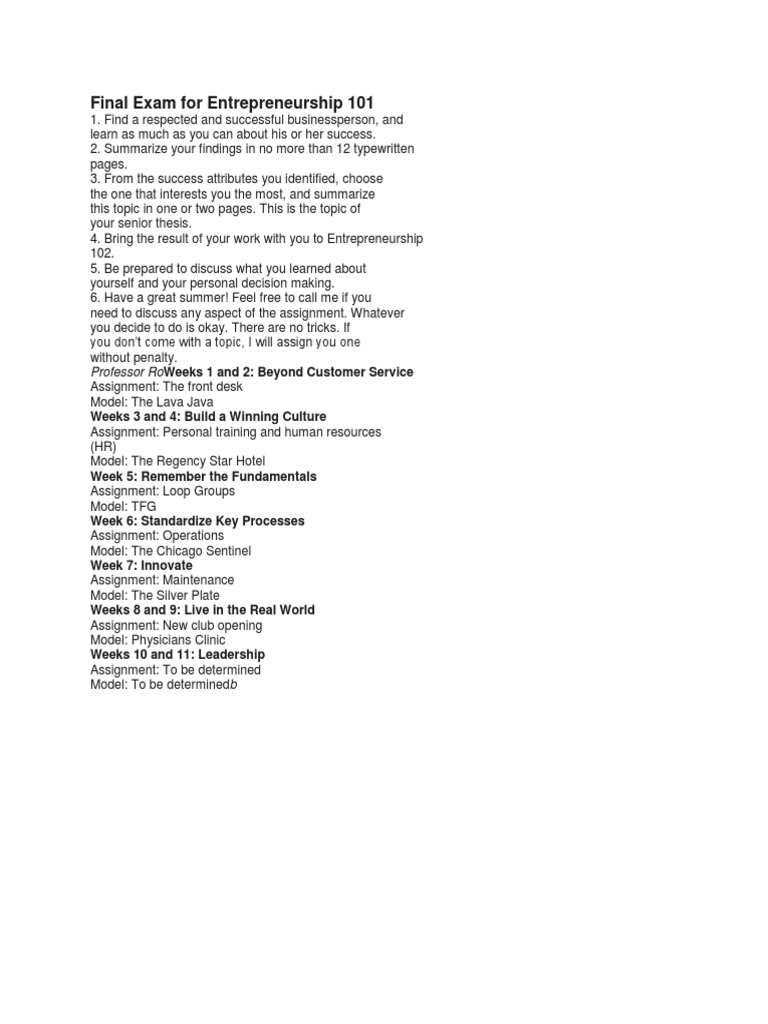 Entrepreneurship 101 Final Exam Guide | PDF