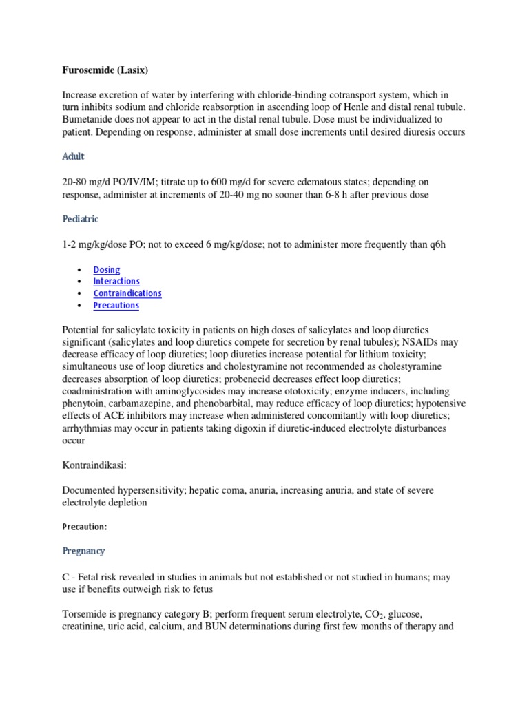 Furosemide (Lasix) : Adult | PDF | Drugs | Pharmacology