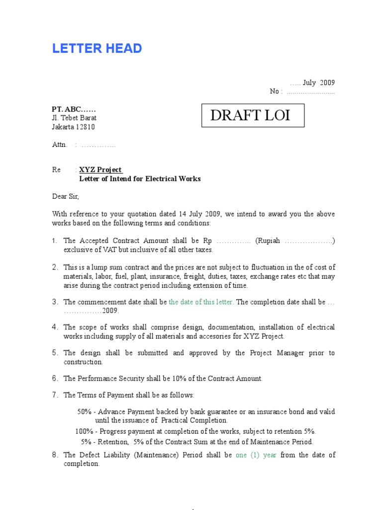 Standard Letter o Intent - Electrical Works | PDF | Indonesian Rupiah ...