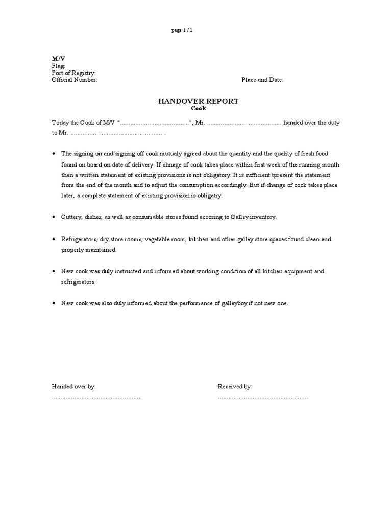 Cook Handover Report Template | PDF