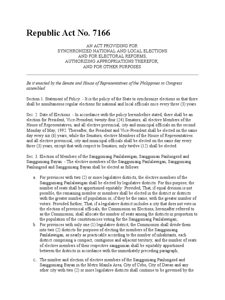 RA 7166 Synchronized Elections Act | PDF | Police | Elections