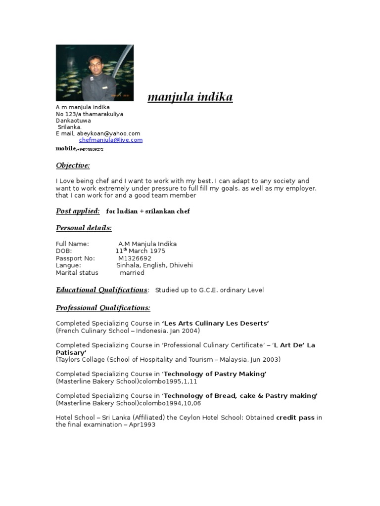 Manjula Cv New Create for Indian Chef[1] | Chef | Resort