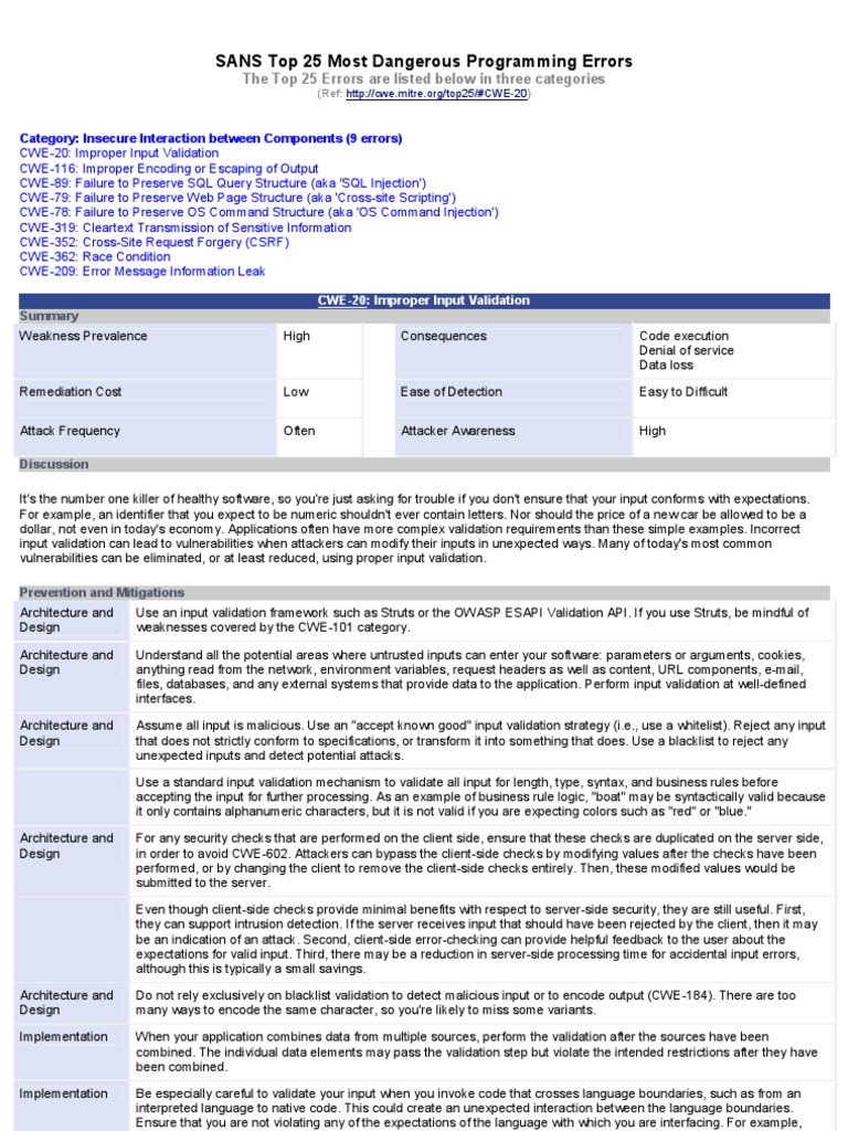 SANS Top 25 Programming Errors | PDF | Http Cookie | Parameter (Computer Programming)