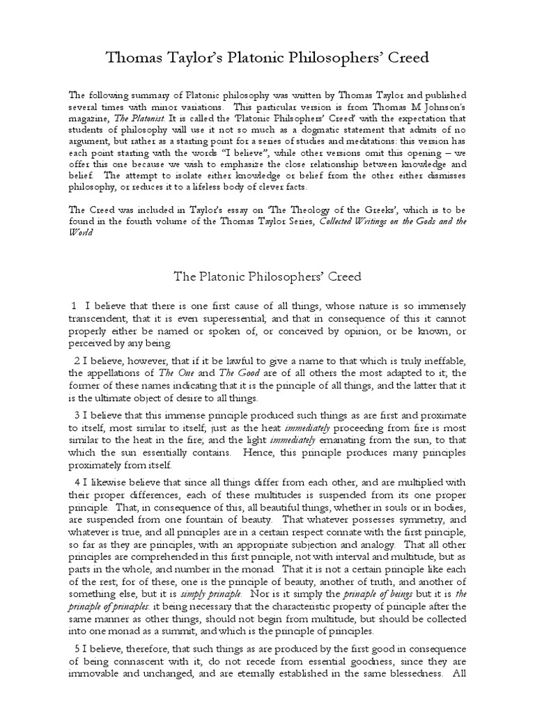 Platonic Philosopher's Creed - Thomas Taylor | PDF | Platonism | Soul