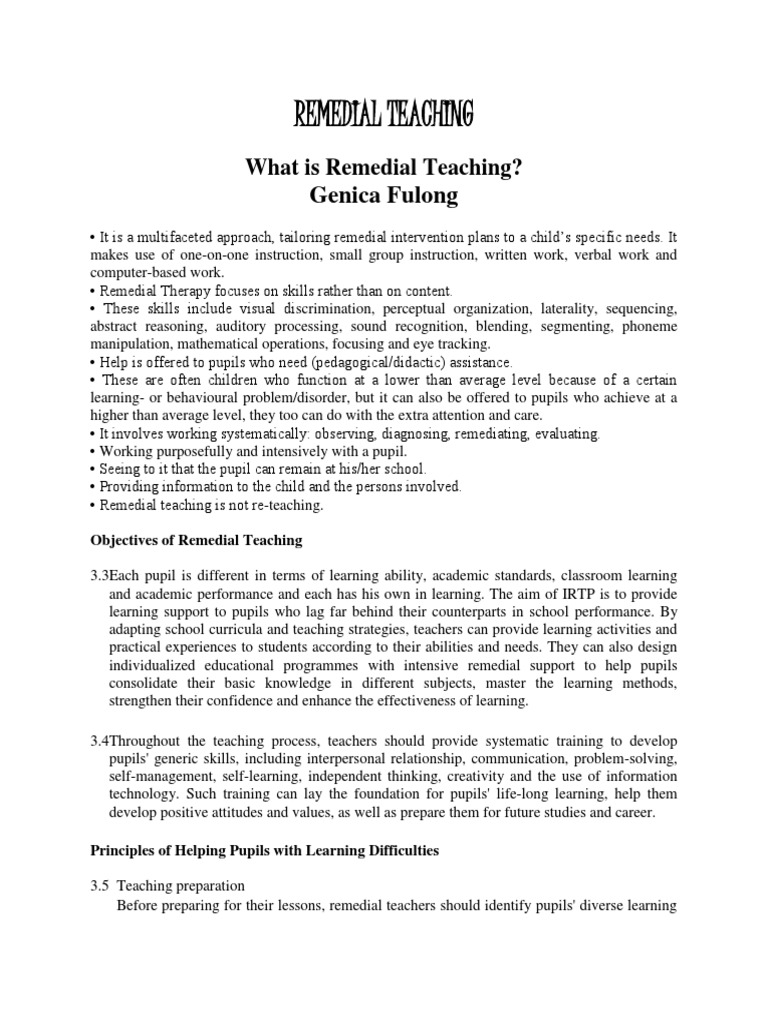 Remedial Teaching | PDF | Individualized Education Program | Learning