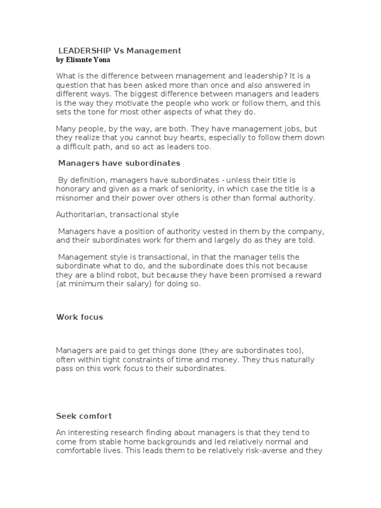 Leadership Vs Management 2 | PDF | Psychological Concepts | Behavioural ...