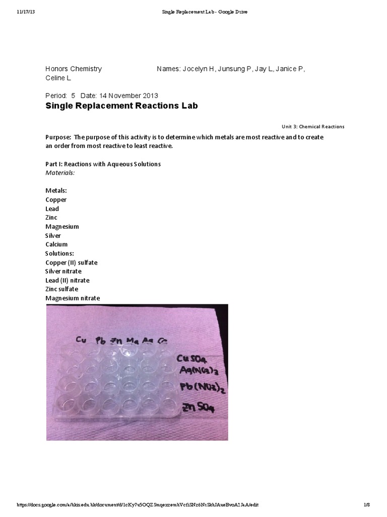 Single Replacement Lab | PDF | Reactivity (Chemistry) | Redox