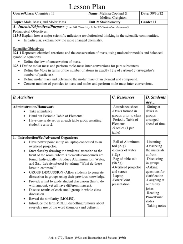 GR 11 Chem Stoichiometry Lesson Plan | PDF | Mole (Unit) | Stoichiometry