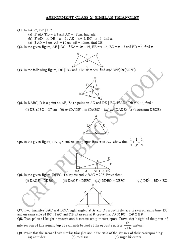 Assignment Class X Similar Triangles: A D E B C | PDF | Triangle | Area