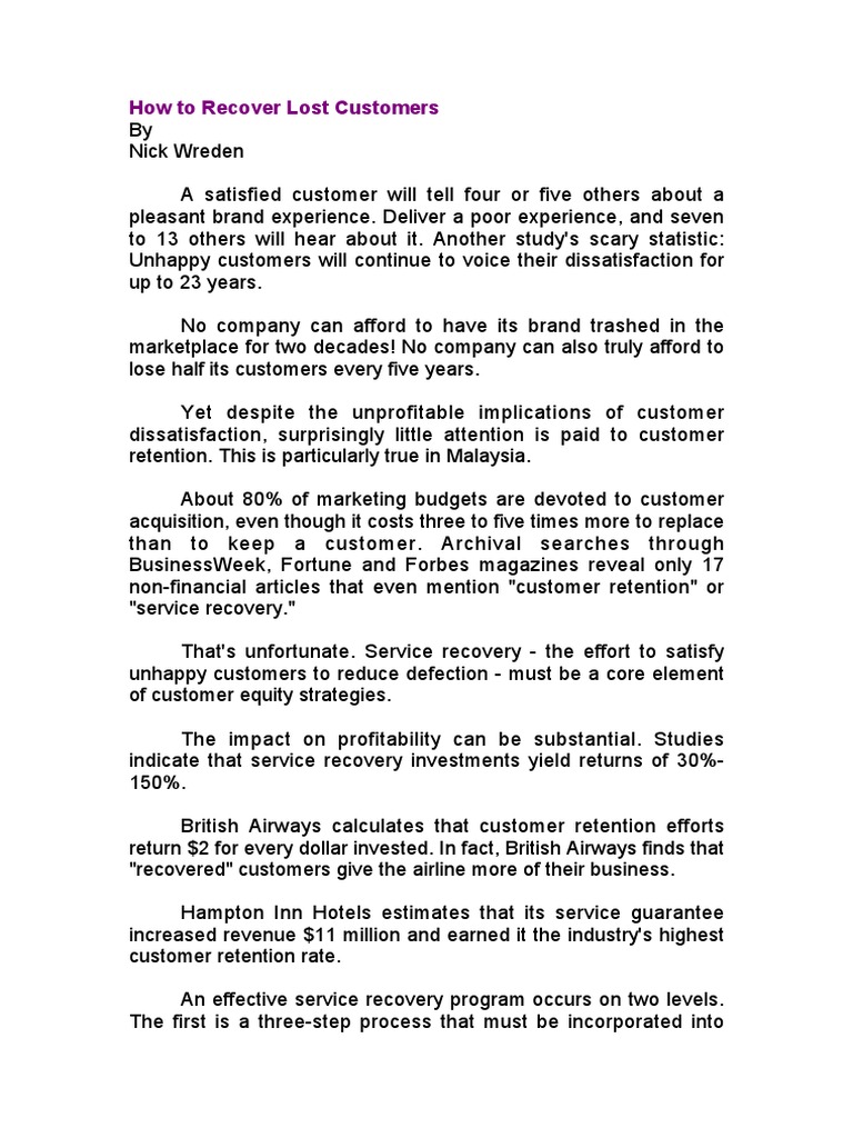 How To Recover Lost Customers | PDF | Business Economics | Economies