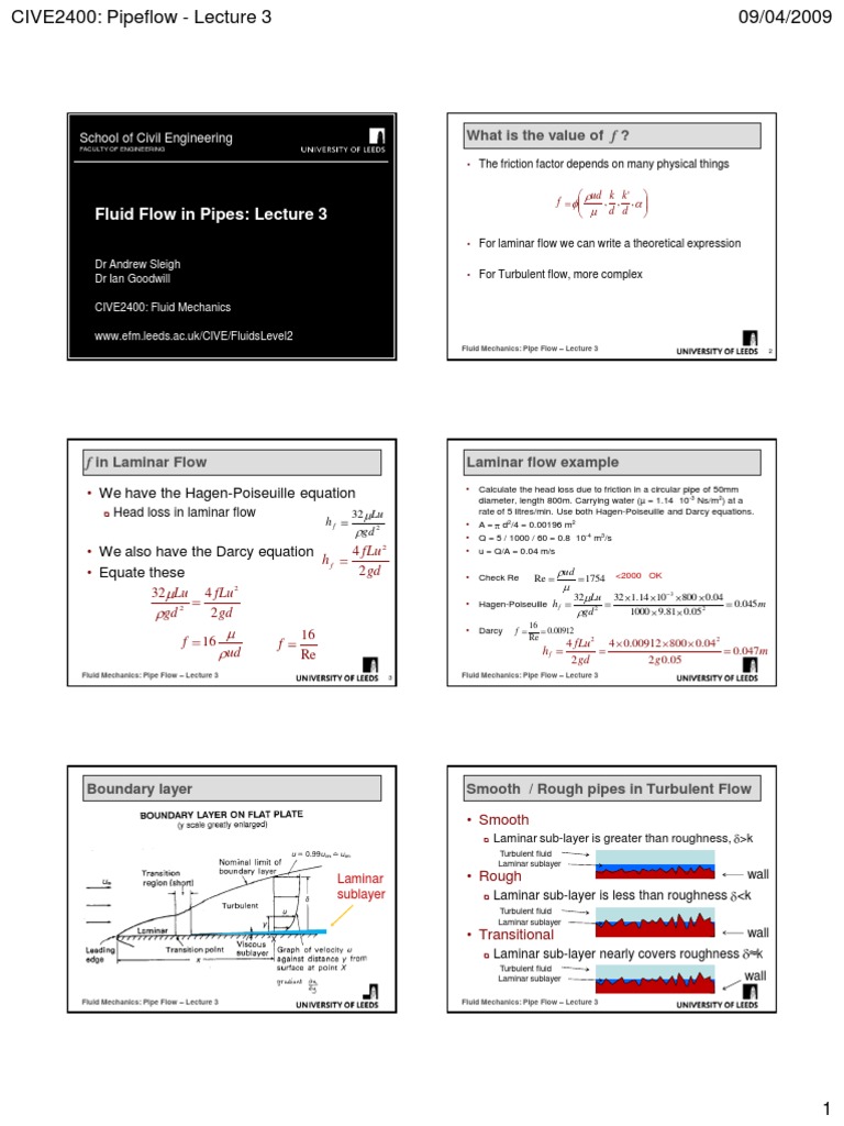 Lecture03 Pipeflow Handout | PDF | Fluid Mechanics | Laminar Flow