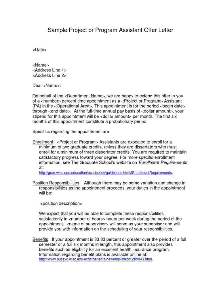Sample Project or Program Assistant Offer Letter | PDF | Health ...