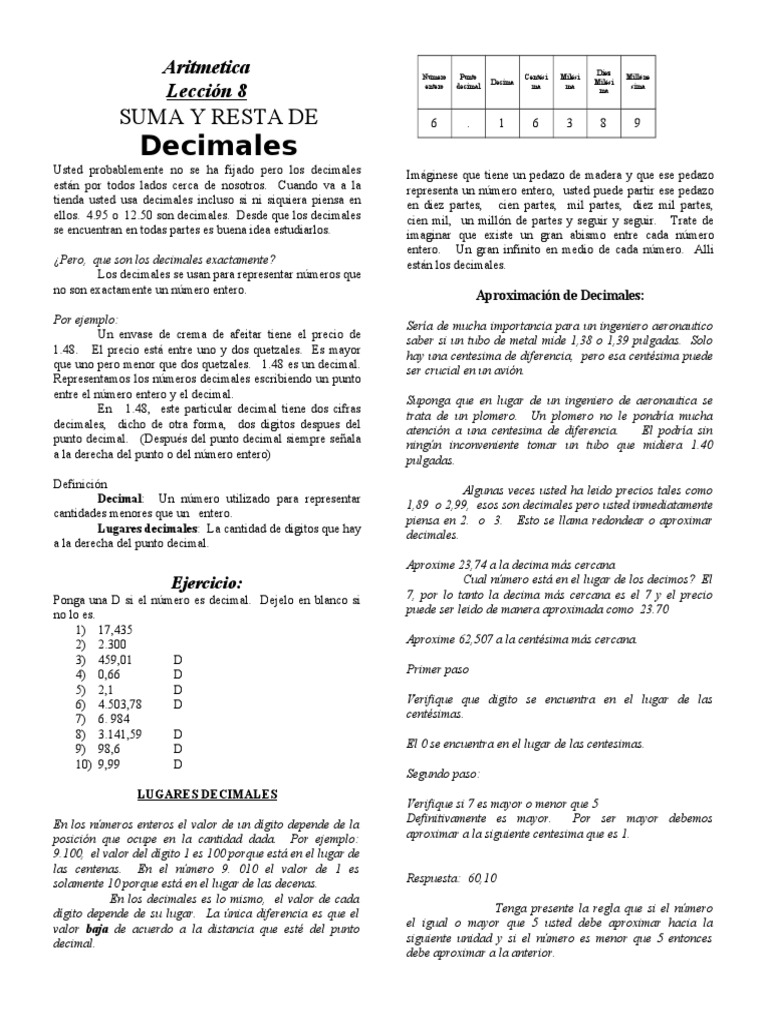 Suma y Resta de Decimales | PDF | Decimal | Entero