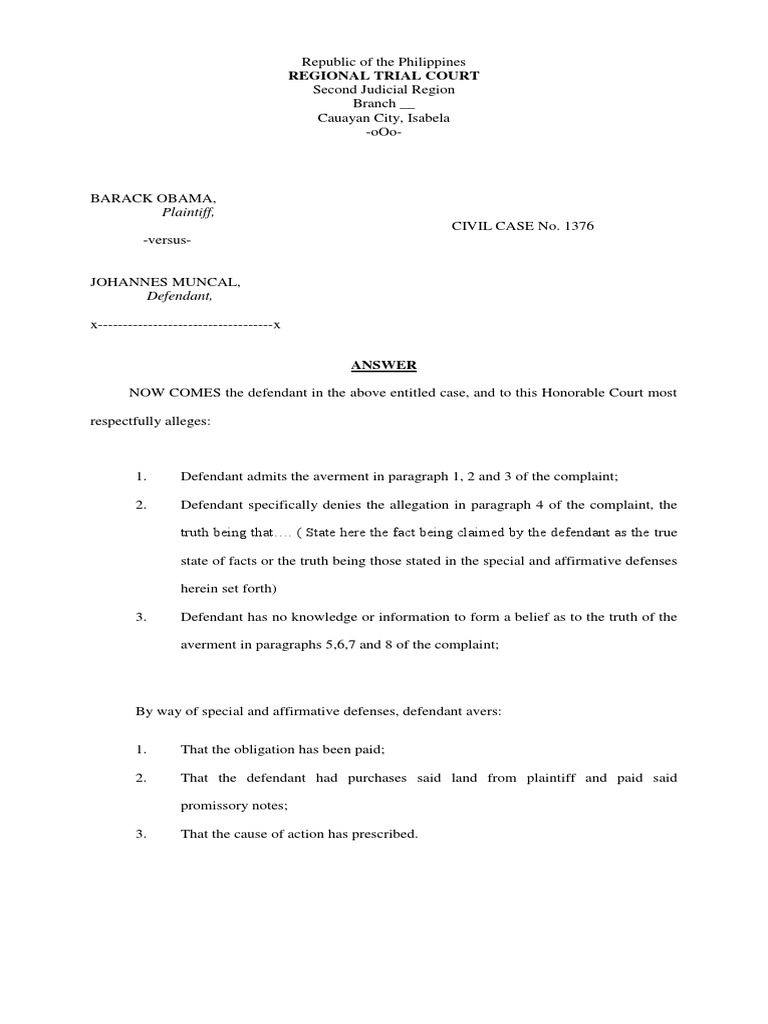 Civil Answer | PDF | Defendant | Answer