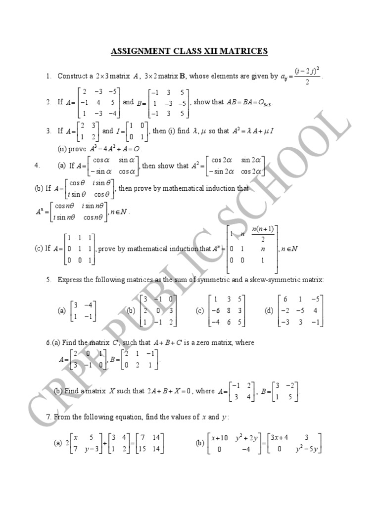 XII Matrices Assignment | PDF | Functional Analysis | Abstract Algebra