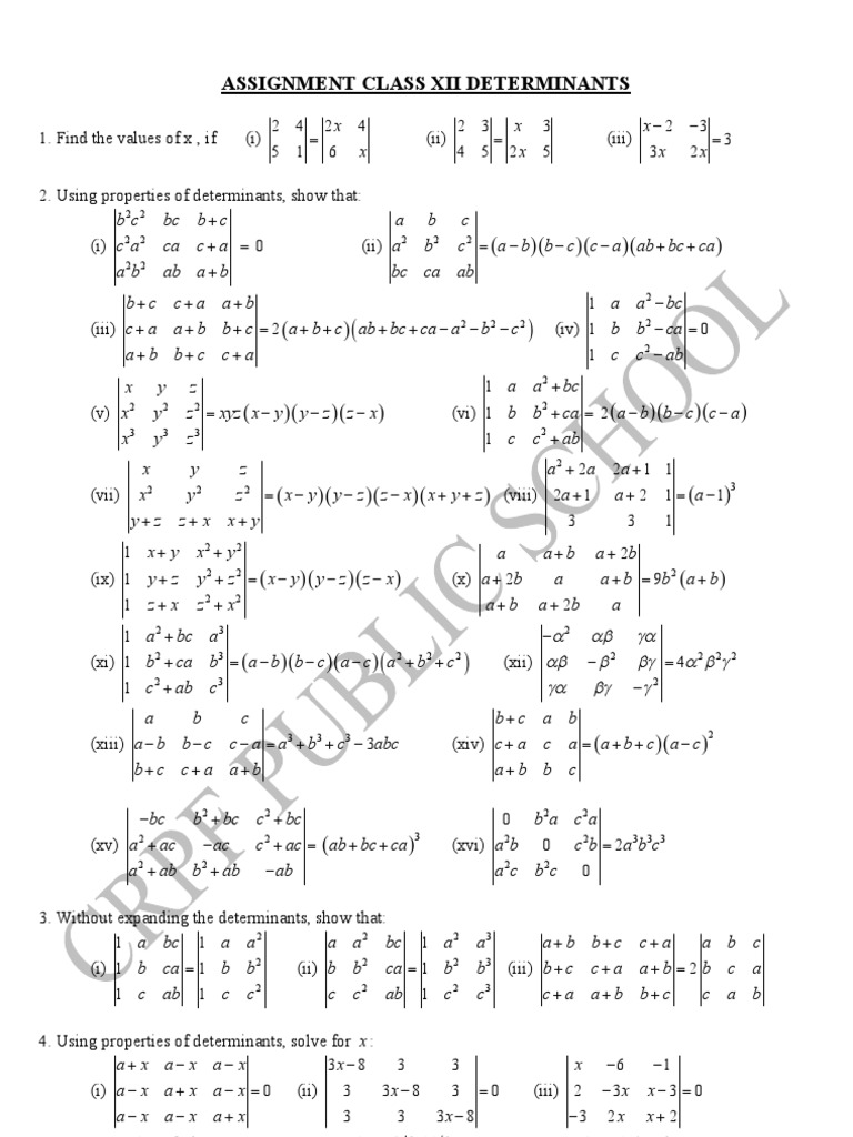 Xii Determinants Assignment Pdf System Of Linear Equations Algorithms
