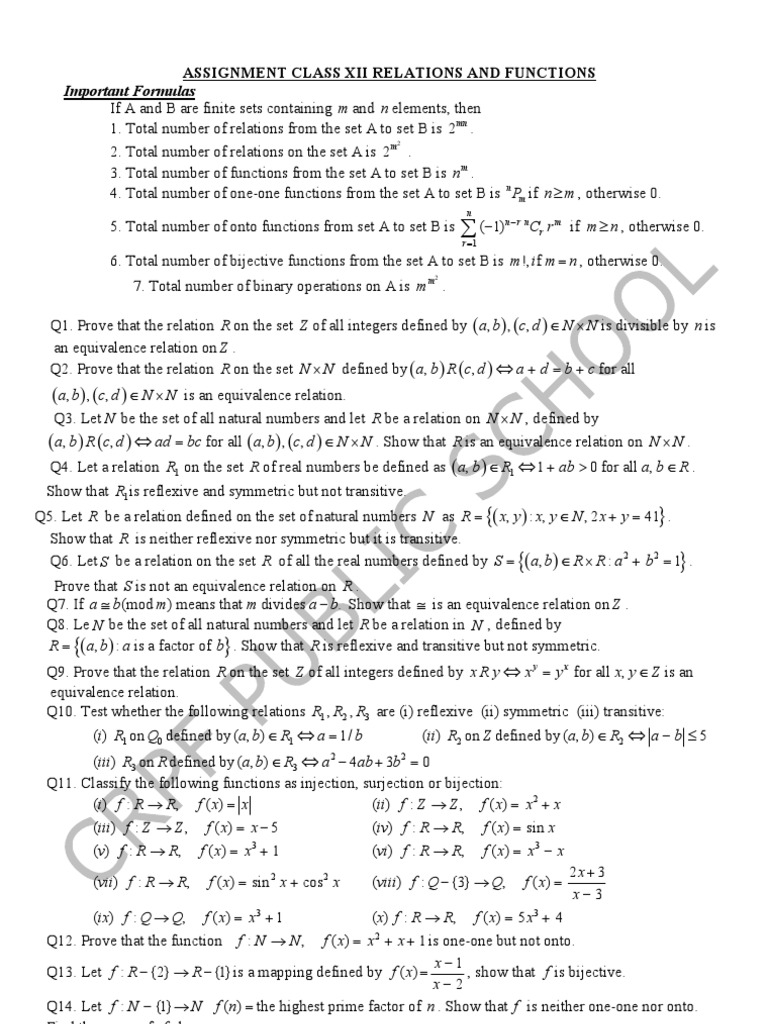 Assignment Class Xii Relations and Functions Important Formulas If A | PDF | Analysis | Teaching ...