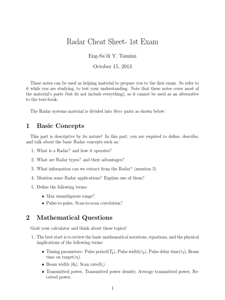 Radar Cheat Sheet | PDF | Bandwidth (Signal Processing) | Decibel