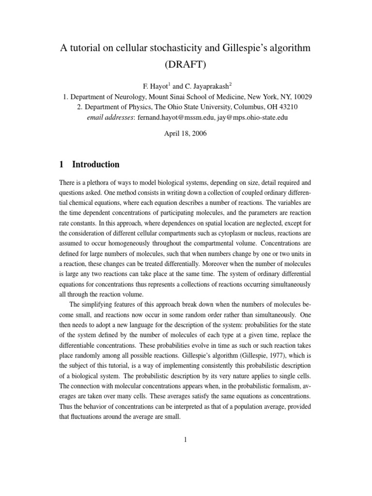 A Tutorial On Cellular Stochasticity and Gillespie's Algorithm | PDF