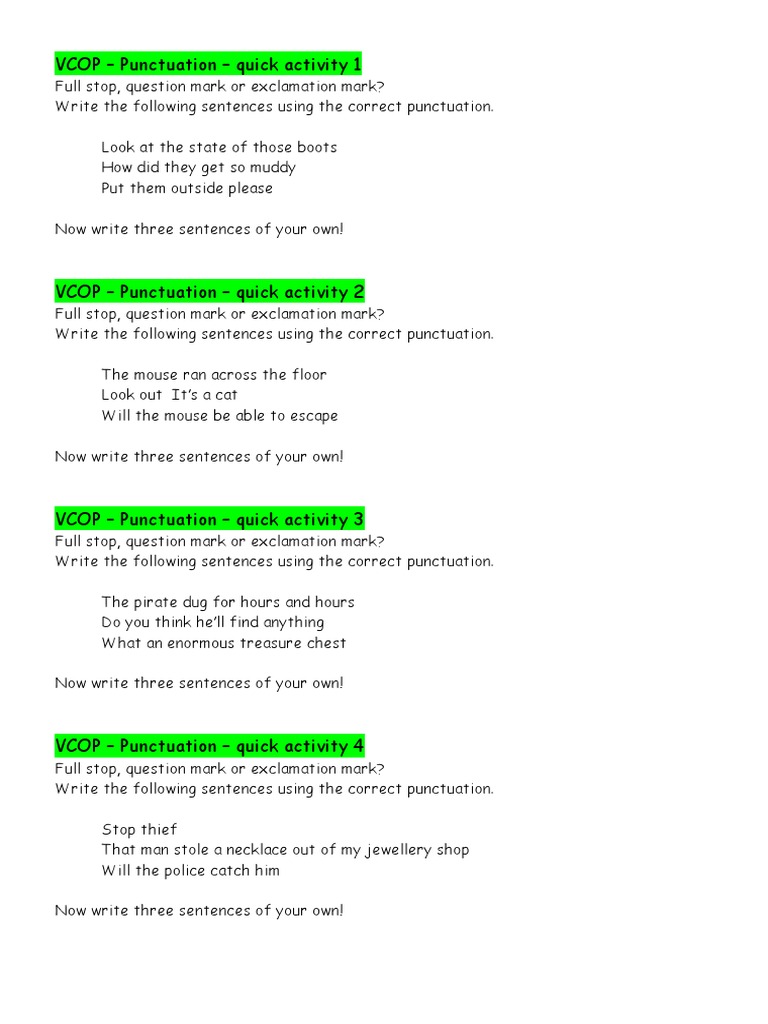 VCOP Punctuation Activities | PDF | Punctuation | Encodings