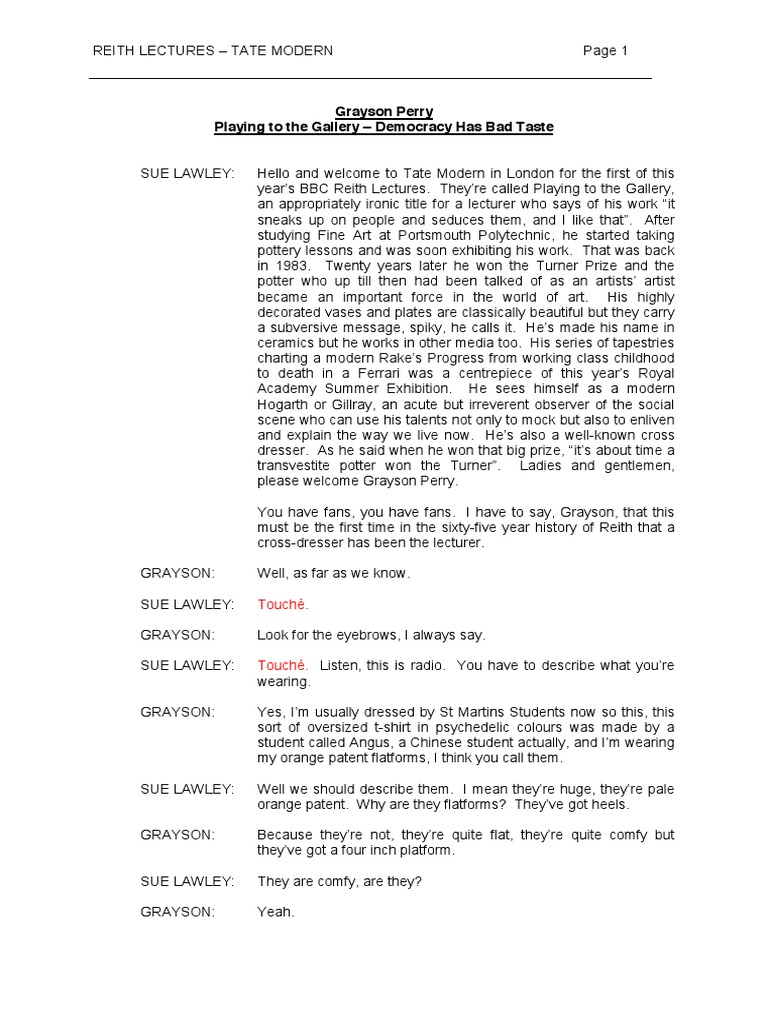 Grayson Perry Reith Lecture 1 Transcript | PDF | Library And Museum ...