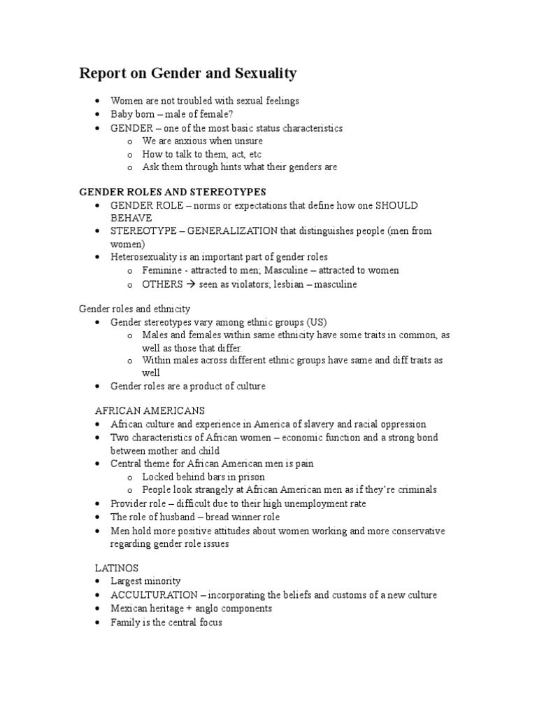 Report On Gender and Sexuality Outline | PDF | Sexual Arousal | Gender Role