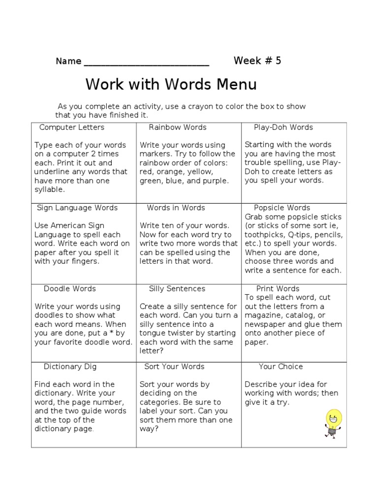Spelling Word Work Menu Homework | PDF