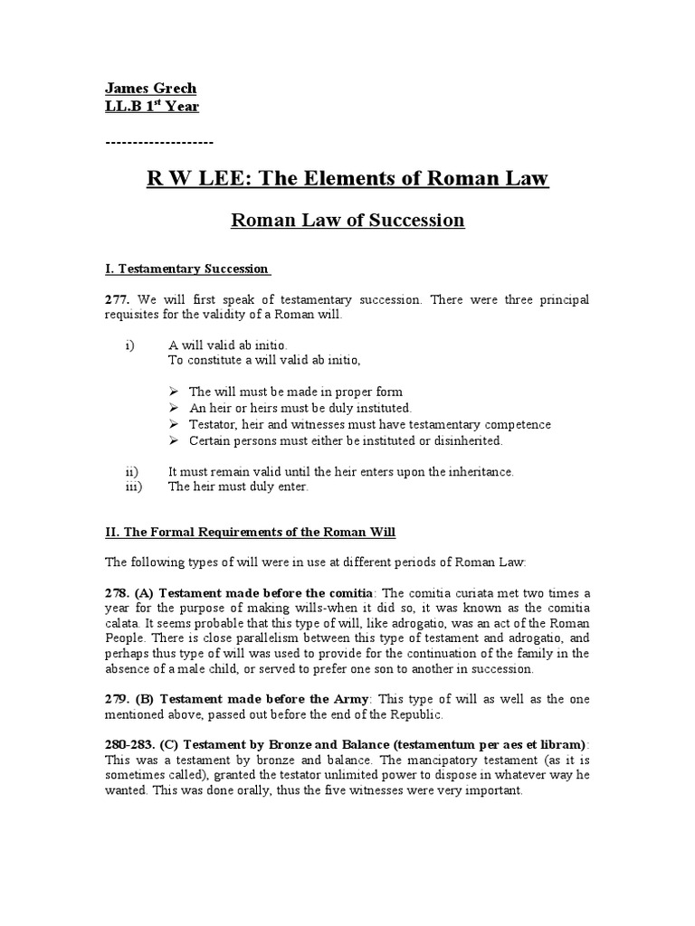 Roman Law of Successions | PDF | Will And Testament | Intestacy