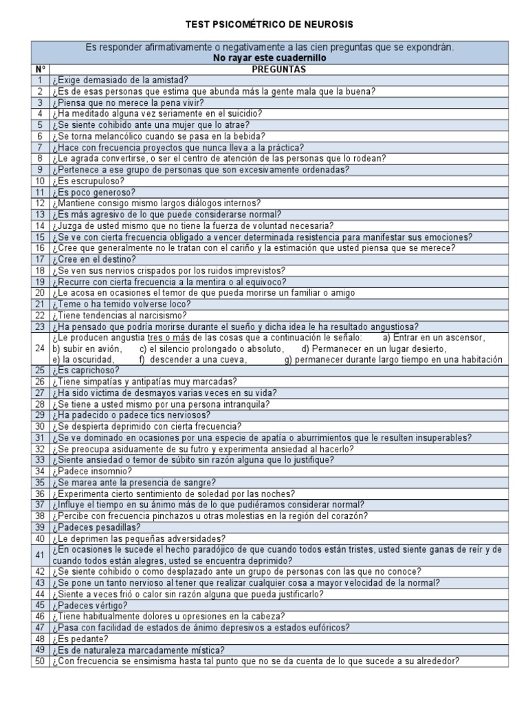 Test de Neurosis ED-2010 | PDF | Psiquiatría | Psicología anormal