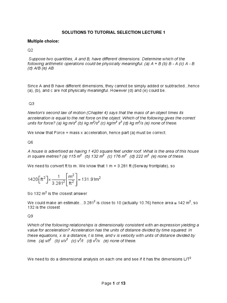 Solutions To Tutorial Lesson 1. Mechanical Engineering Principle-Tutorial. Covering Basic ...