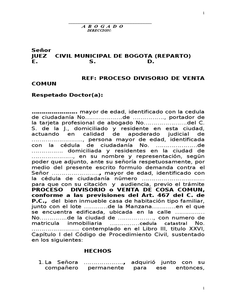 Demanda Divisorio o Venta Cosa Comun | Demanda judicial | Instituciones ...