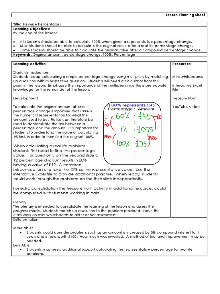 Lesson Plan Reverse Percentages Pdf