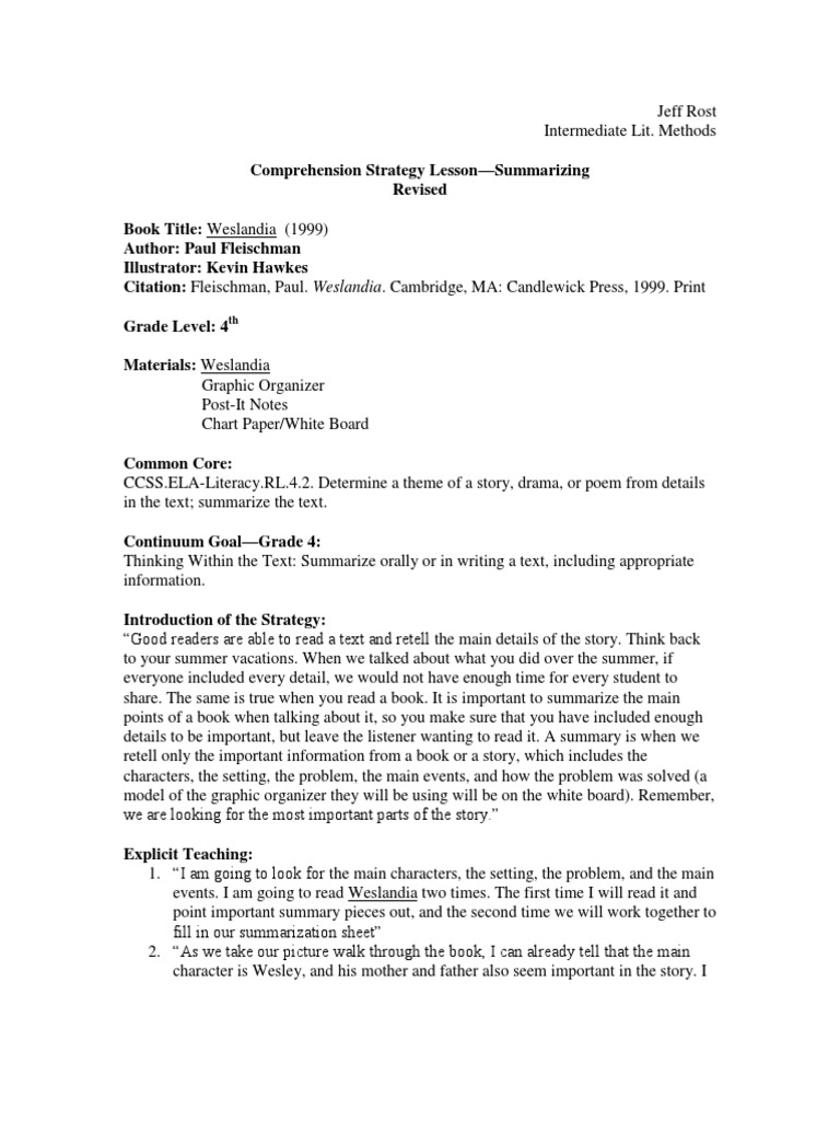 4th Grade Summarizing Lesson Plan | PDF | Reading Comprehension | Learning