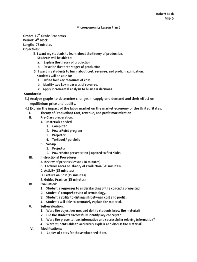 Microeconomics Lesson Plan: Production & Profit | PDF | Business