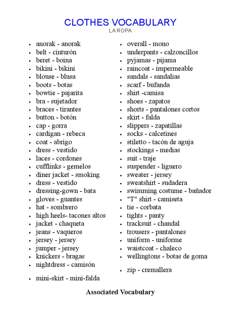 Spanish Clothing Vocabulary