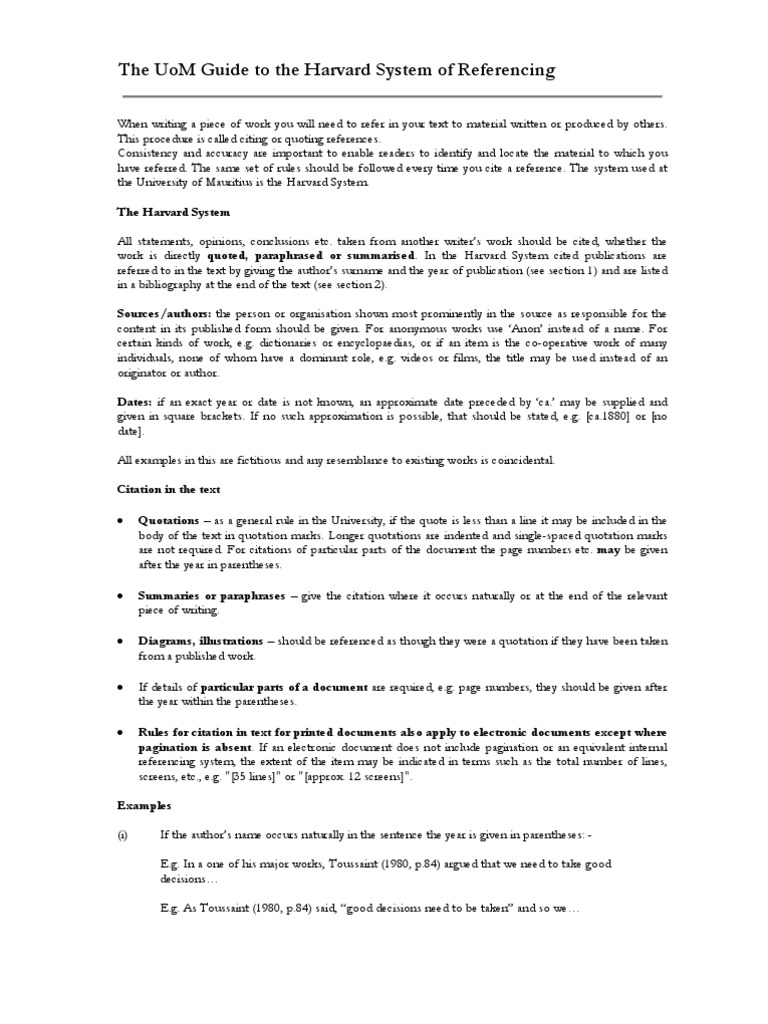 The UoM Guide To The Harvard System of Referencing | PDF