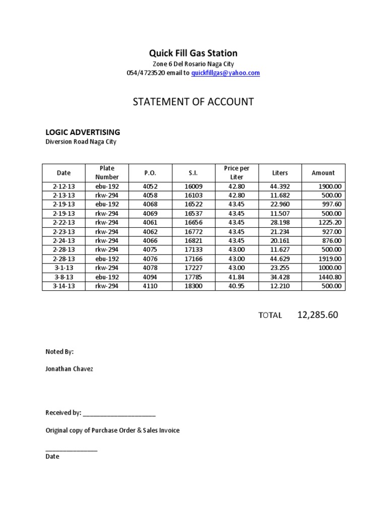 Quick Fill Gas Station Statement of Account | PDF