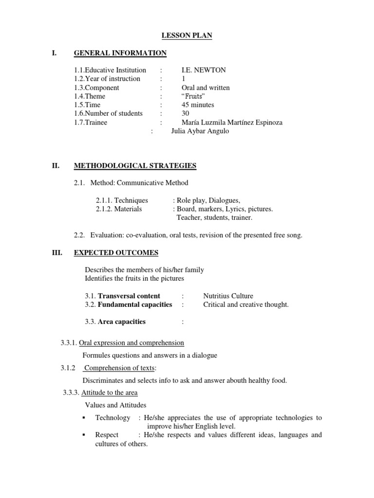 Lesson Plan Fruits and Vegetables 1er Grado | PDF | Reading ...