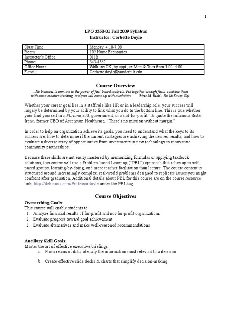 Course Overview: LPO 3350-01 Fall 2009 Syllabus Instructor: Corbette Doyle | PDF | Analytics ...