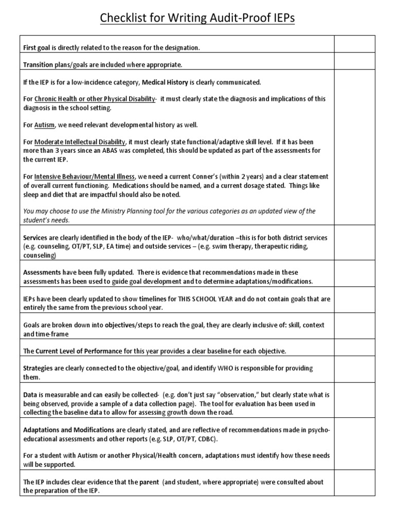 IEP Writing Audit Checklist | PDF | Individualized Education Program ...