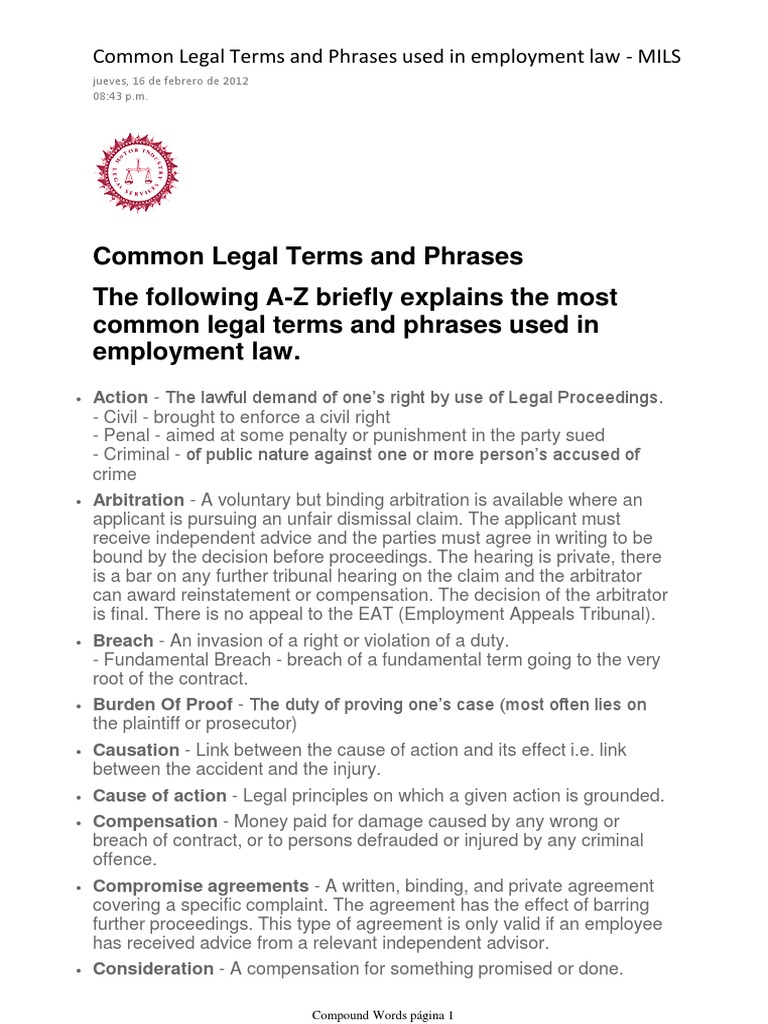 Common Legal Terms and Phrases Used in Employment Law - MILS ...
