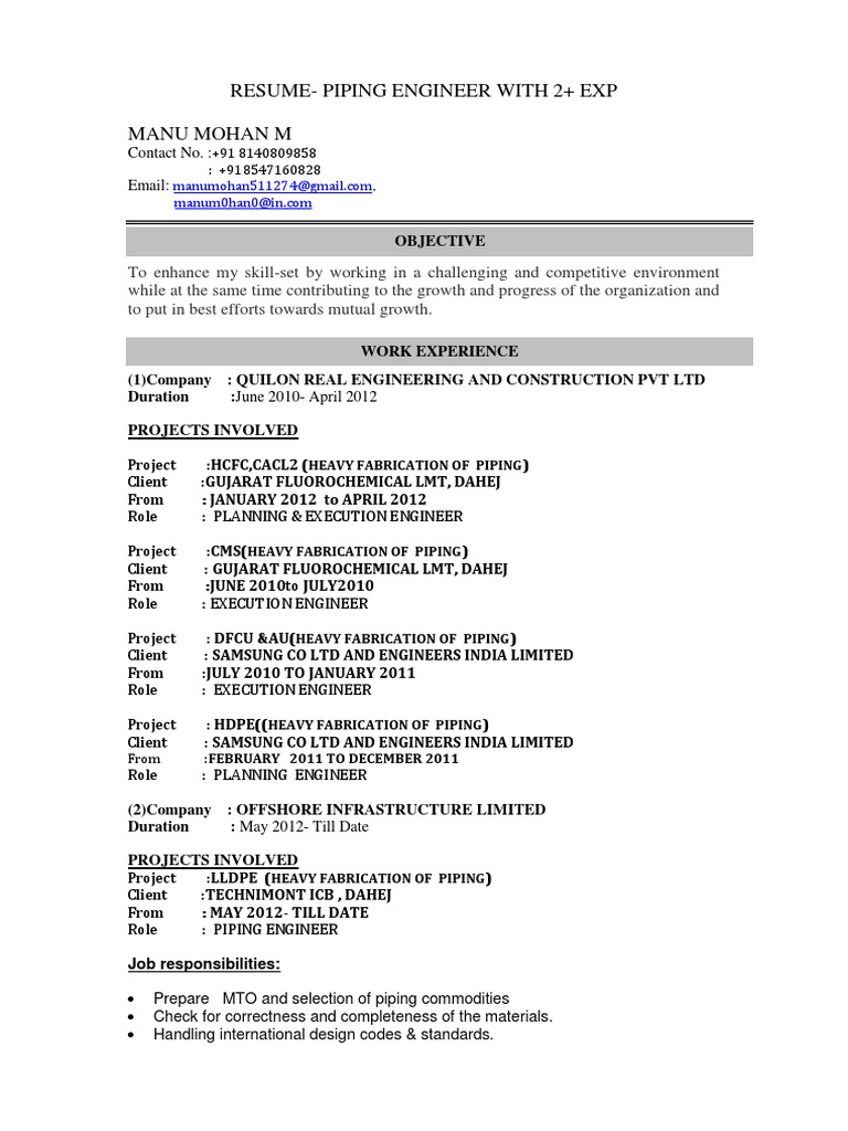 Piping Engineer Resume Sample | PDF | Engineering | Science