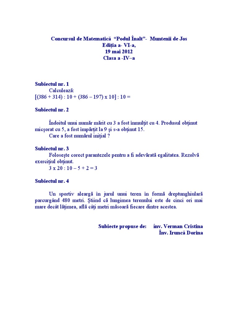 Concurs Matematica Clasa A IV A | PDF