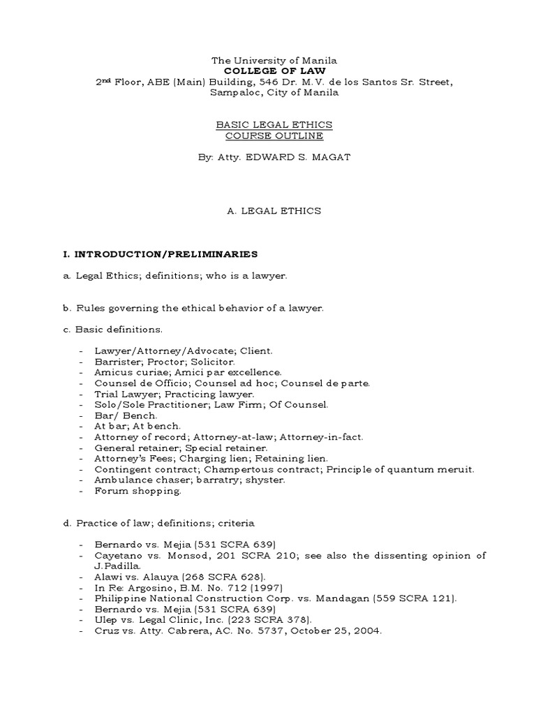Basic Legal Ethics Course Outline | PDF | Legal Education | Lawyer