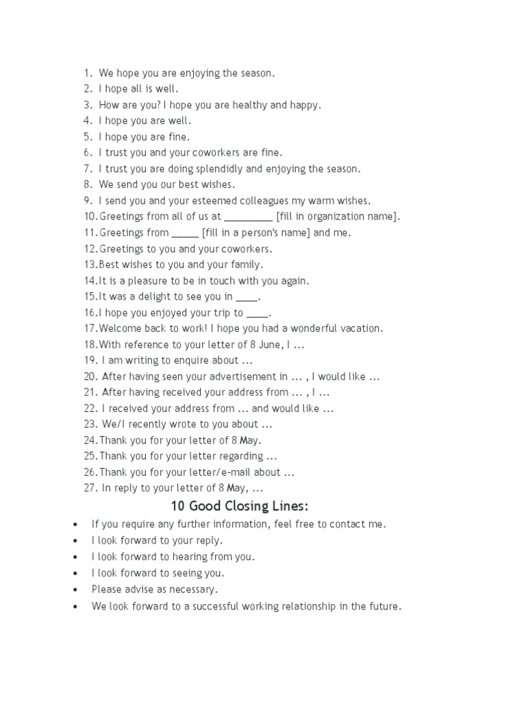 A Collection of Greeting Messages, Closing Salutations and Business ...