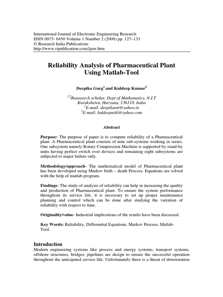 Reliability Analysis of Pharmaceutical Plant | PDF | Reliability ...
