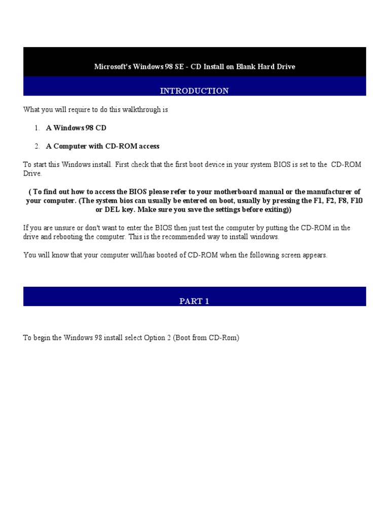 Windows 98 SE Installation Guide | PDF | Booting | Operating System ...