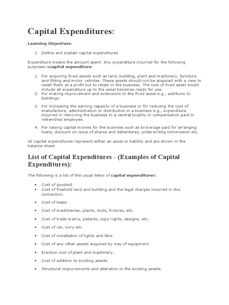 Capital Expenditures:: List of Capital Expenditures - (Examples of ...