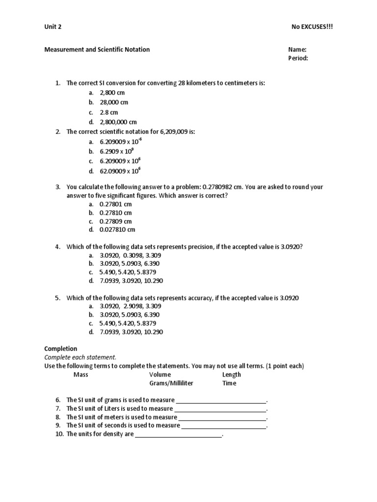 Exam Measurement and Scientific Notation | PDF | Significant Figures ...